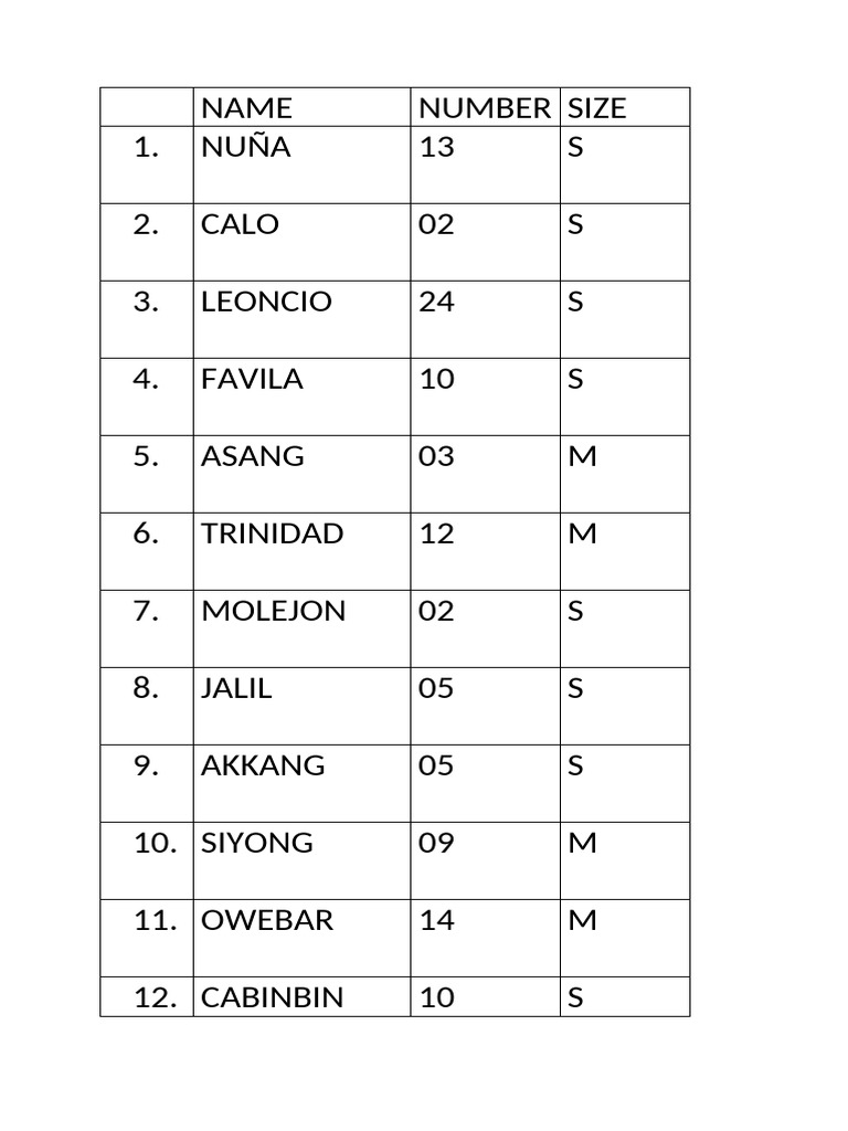 Intrams T-Shirt Size List | PDF