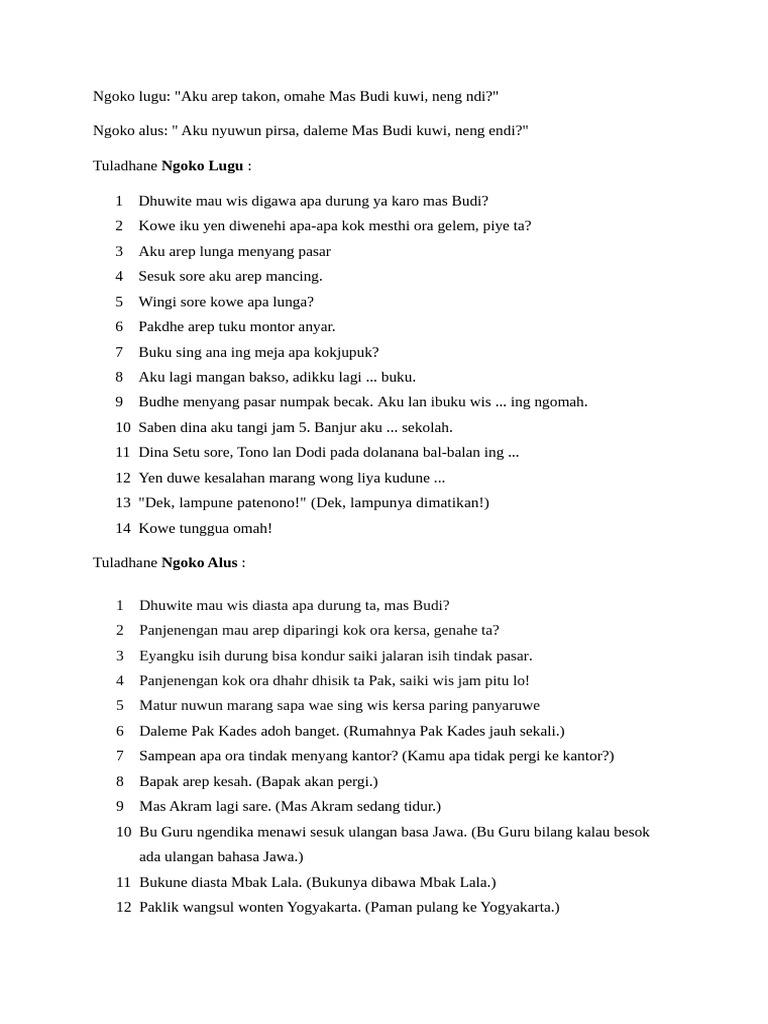 Tuladhane Ngoko Lugu Lan Ngoko Alus | PDF