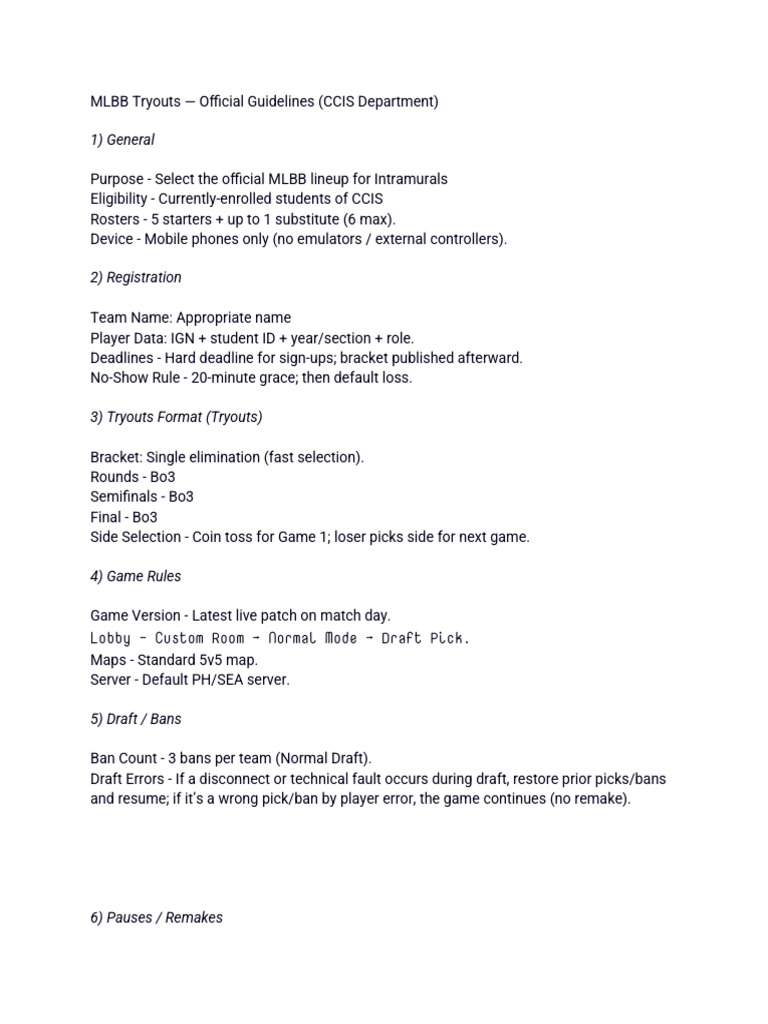 MLBB Tryouts Official Guidelines CCIS Department | PDF | Computing