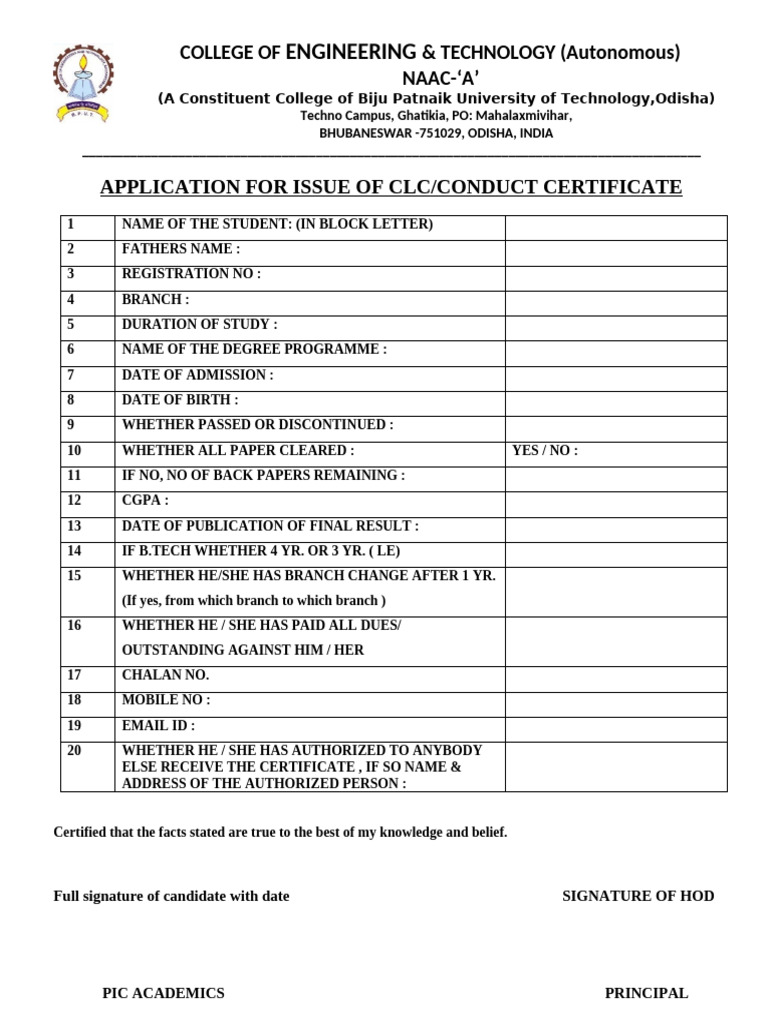 CLC/Conduct Certificate Application Form | PDF