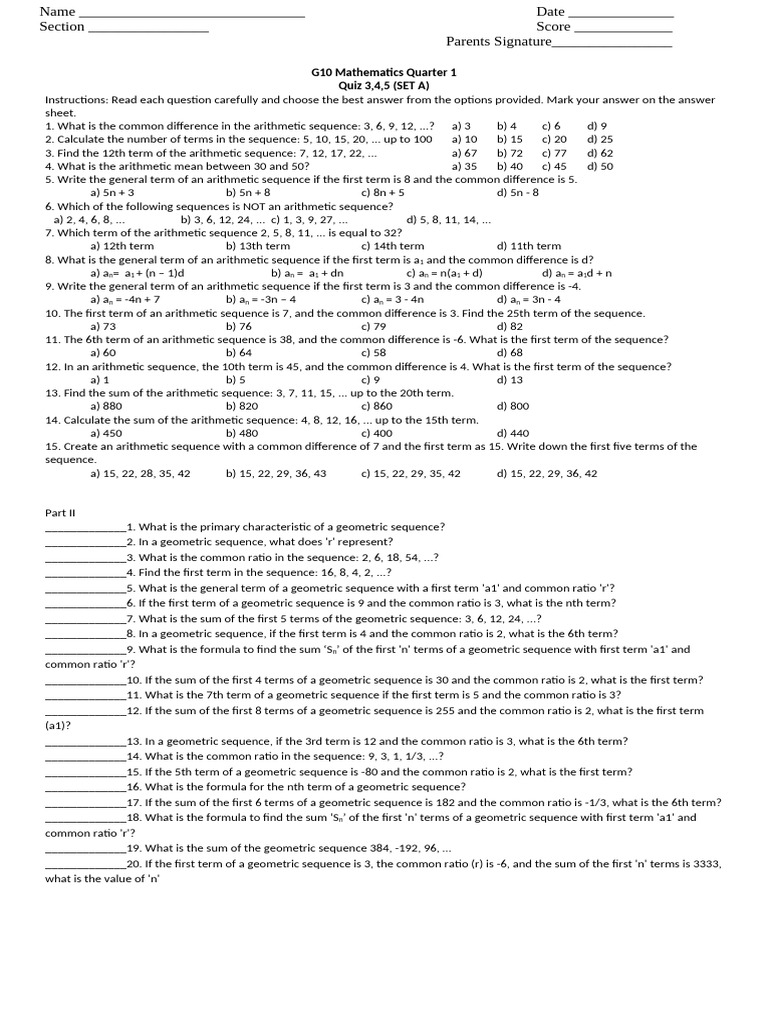 G10M QI Quiz2 Arithmetic Sequences REAL | PDF | Elementary Mathematics ...
