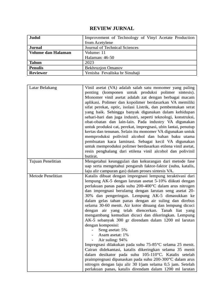 REVIEW JURNAL-Improvement of Technology of Vinyl Acetate Production ...