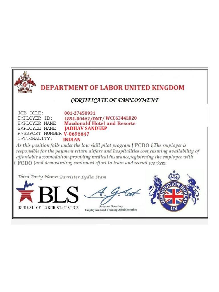 British Department of Labor Certificate For Macdonald Hotel (Jadhav ...
