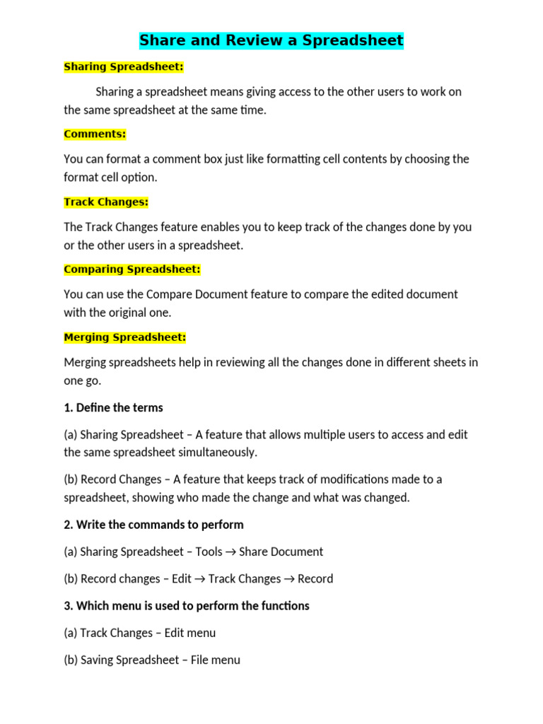 Revision Ch 7 - Sharing a Spreadsheet | PDF | Spreadsheet | Worksheet