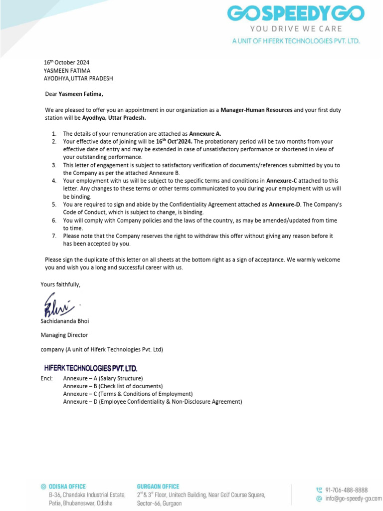 Yasmeen Fatima - GSG Appointment Letter - Final | PDF | Employment | Probation