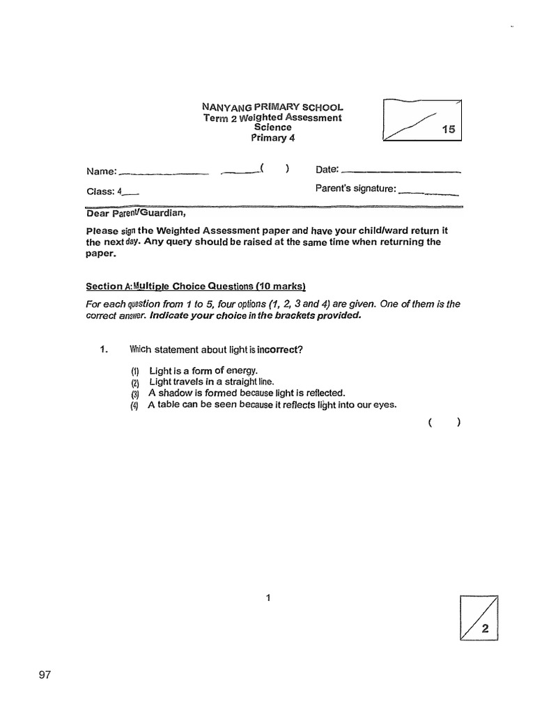 P4 Science WA2 2024 Nanyang Exam Papers (Printed) | PDF