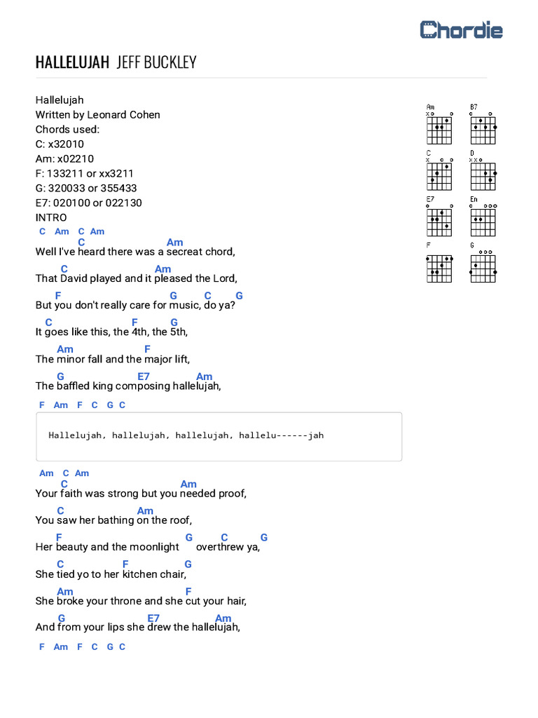 Hallelujah Jeff Buckley Chords and Lyrics For Guitar | PDF | Rock Music ...
