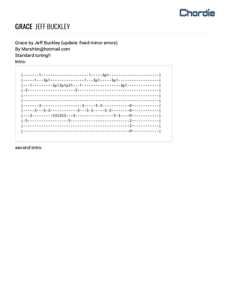 Jeff Buckley "Grace" Guitar Tabs | PDF | American Pop Songs | Music Videos
