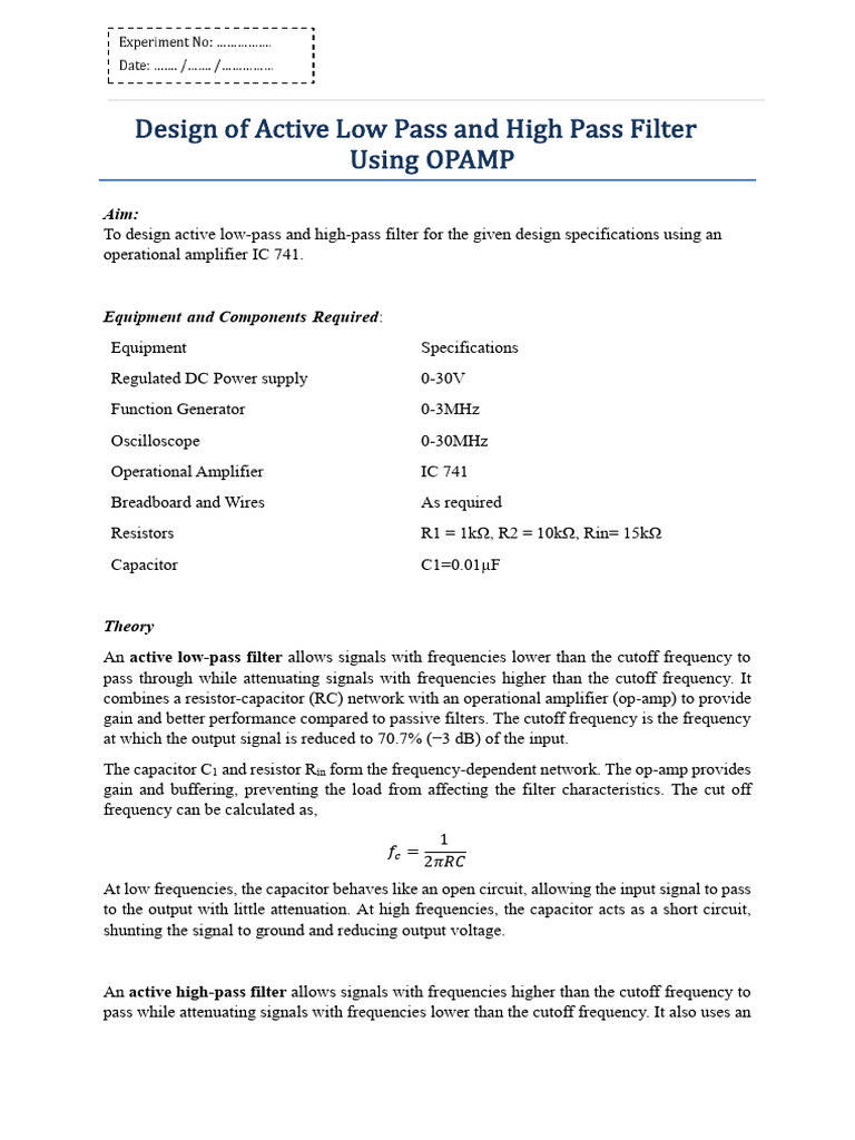 Ex 3 Design of Active Low Pass and High Pass Filter Using OPAMP | PDF ...