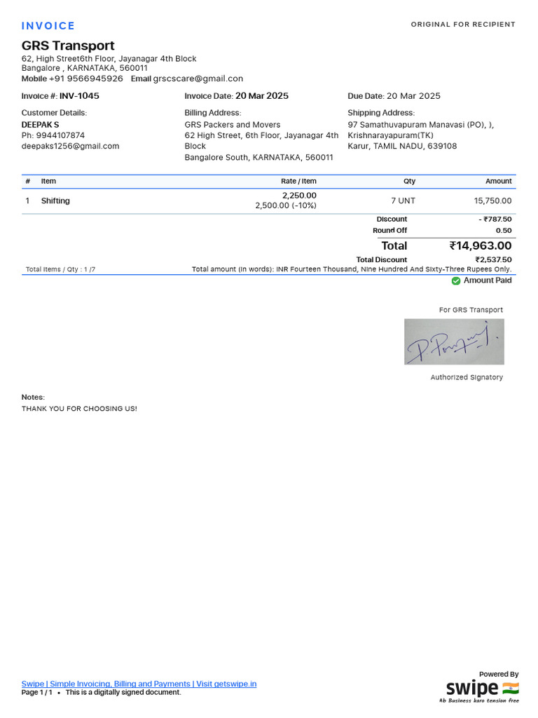 GRS Transport Invoice INV-1045 | PDF | Accounting | Rupee