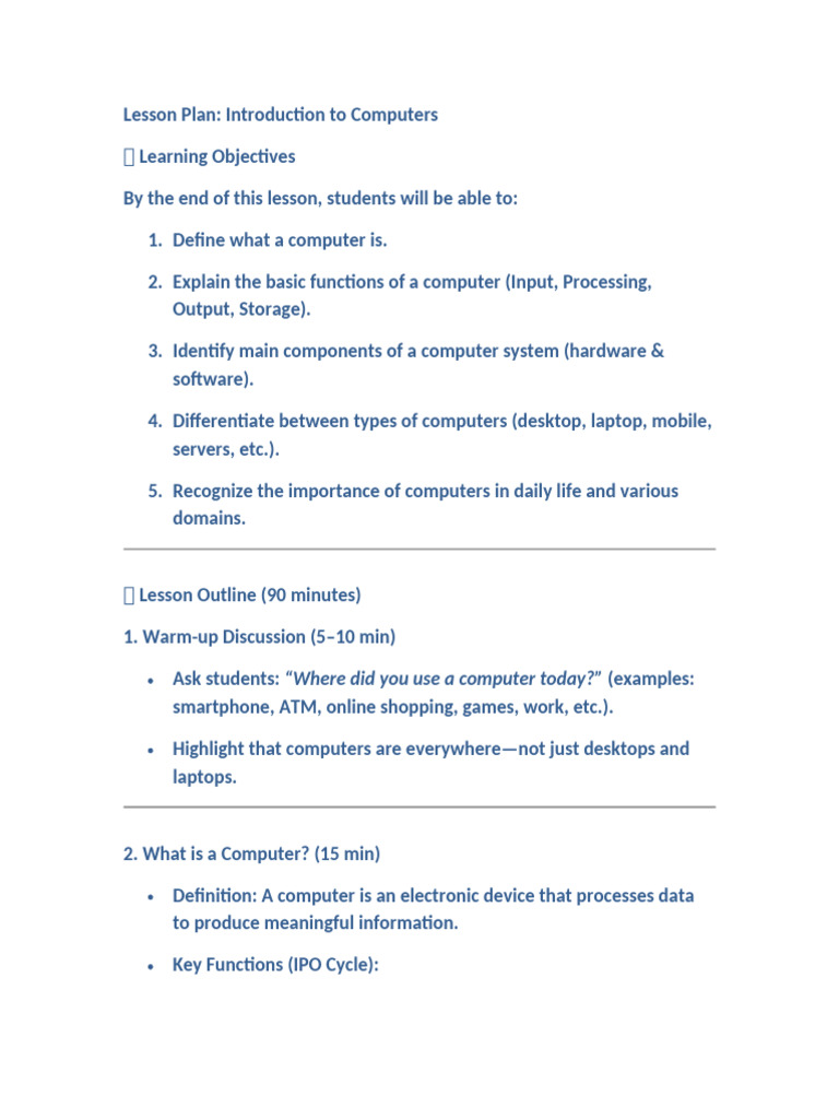 Introduction to Computers Lesson Plan | PDF