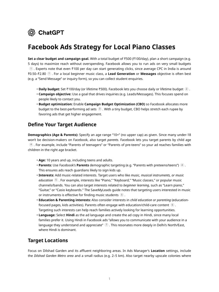 Facebook Ads for Local Piano Classes | PDF | Facebook