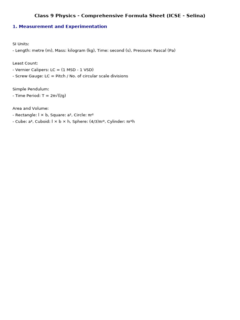 Class9 Physics Formula Sheet Complete | PDF | Buoyancy | Pressure
