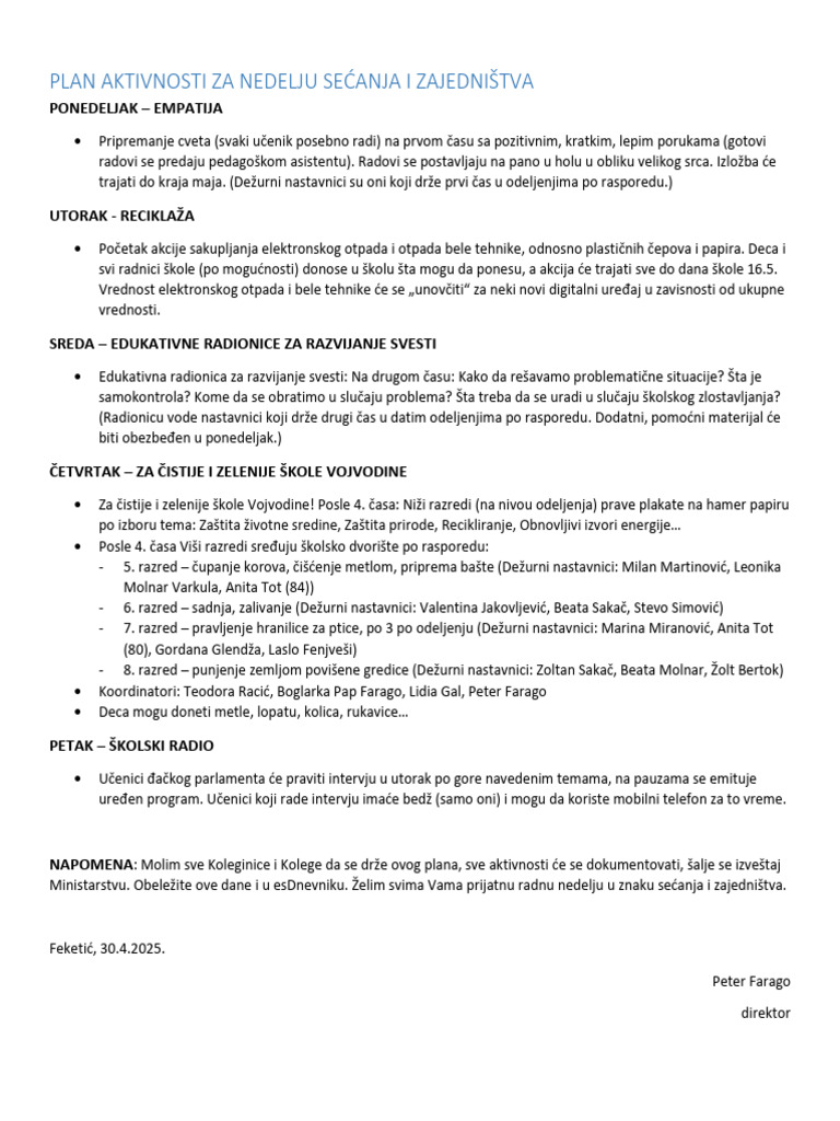 Plan Aktivnosti Nedelja Zajednistva 5-5 - 9-5 | PDF