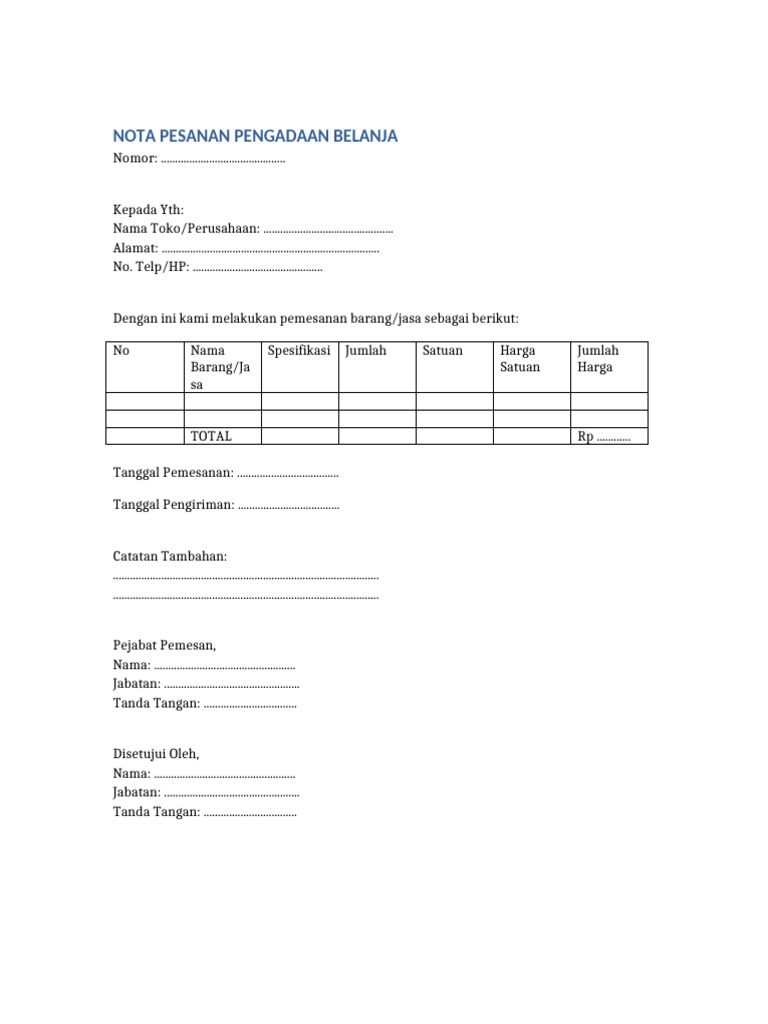 Contoh Nota Pesanan Barang | PDF