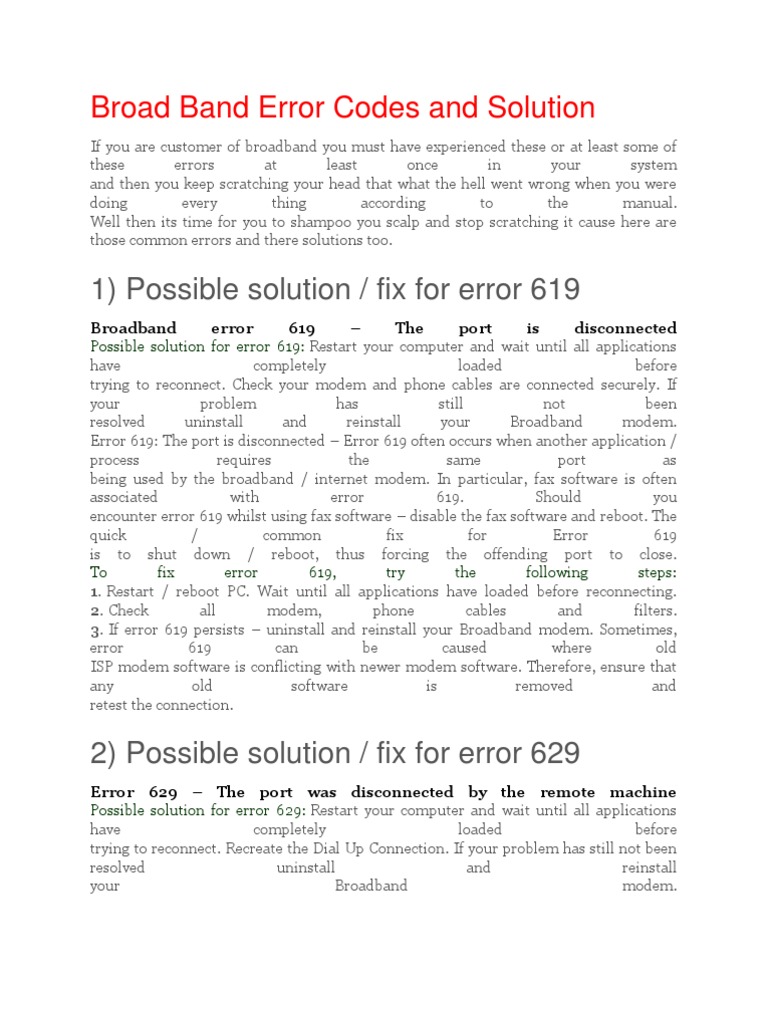 Broad Band Error Codes and Solution | PDF | Modem | Internet Access