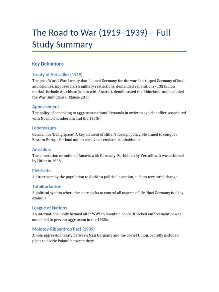 The Road to War Full Study Summary | PDF | Nazi Germany | Adolf Hitler