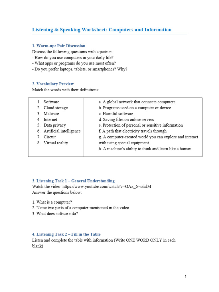 Computers Information Worksheet | PDF
