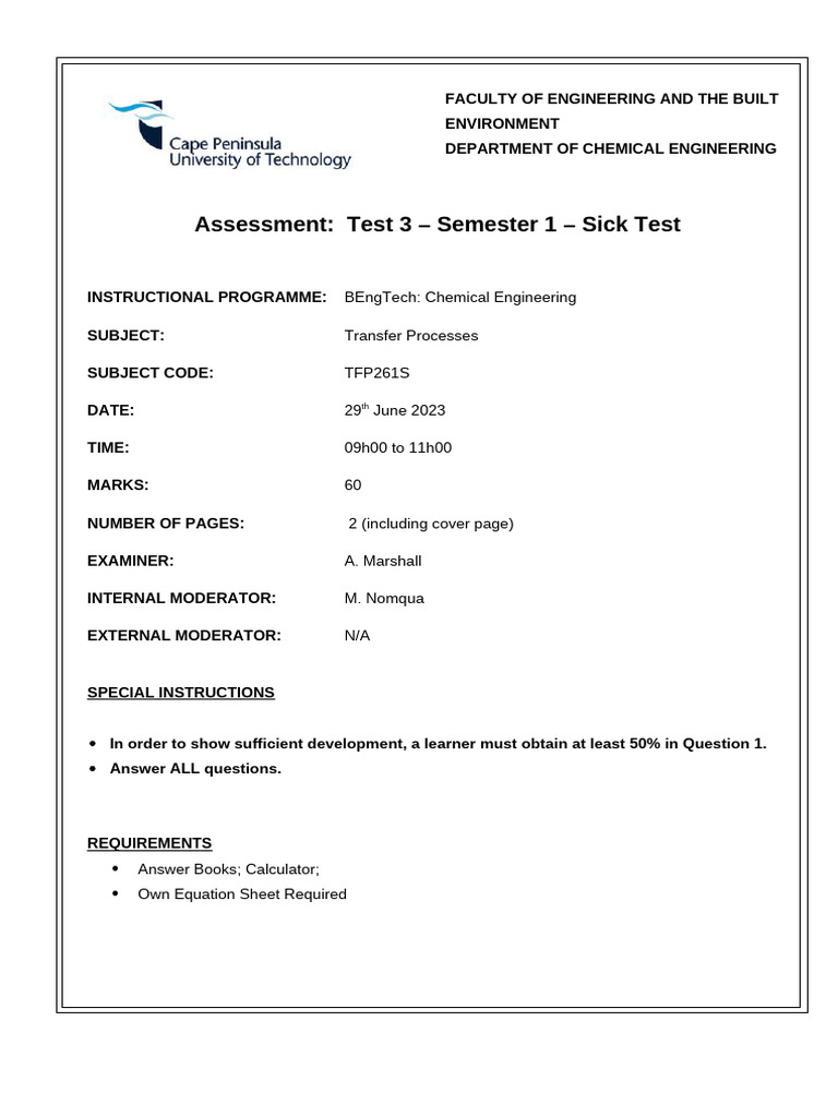 Test 3 Sick Test Semester 1 | PDF | Heat Exchanger | Heat Transfer
