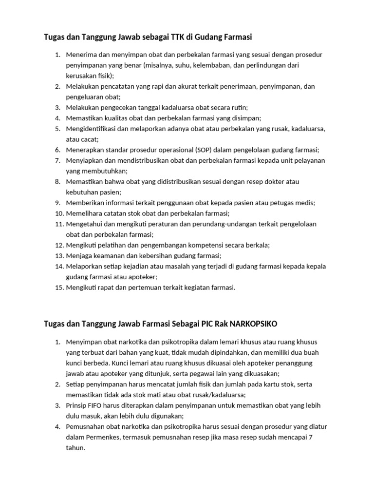 Tugas Dan Tanggung Jawab Sebagai TTK Di Gudang Farmasi | PDF