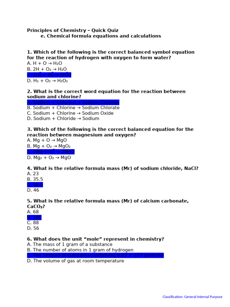 Chemistry Quick Quiz: Equations & Moles | PDF
