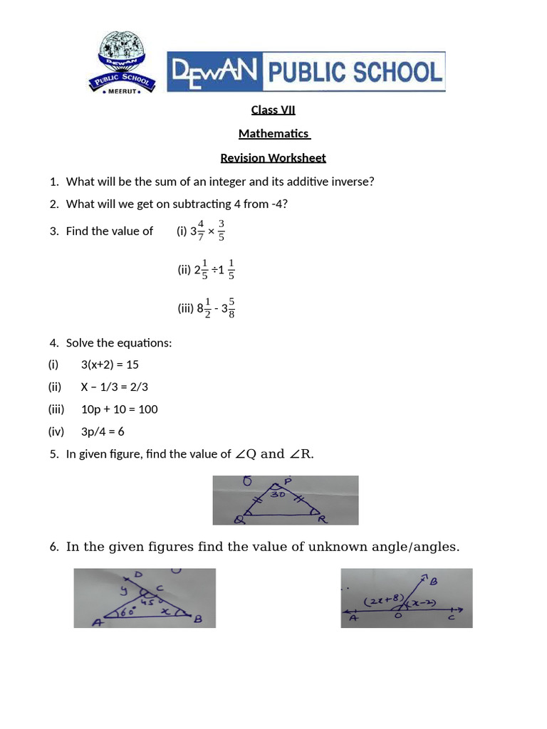 Class VII Maths Revision Worksheet | PDF