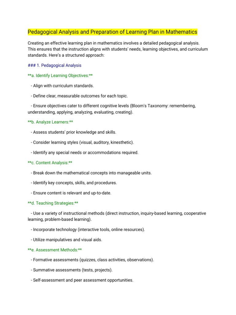 Effective Math Learning Plan Guide | PDF | Educational Assessment ...