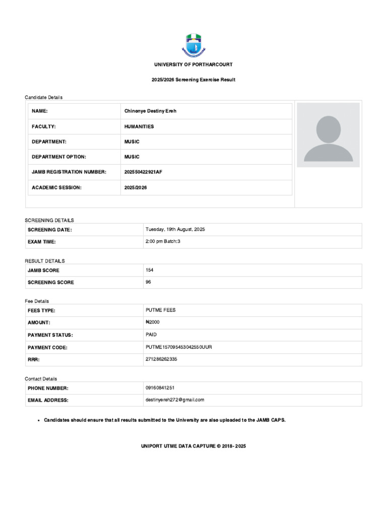 Uniport Data Capture Portal | PDF