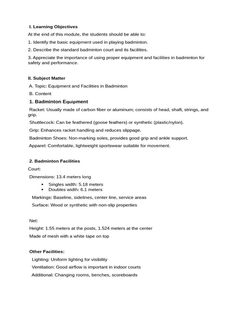 Badminton Equipment and Facilities Guide | PDF