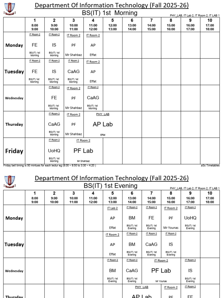 IT Department Timetable Fall 2025-26 | PDF