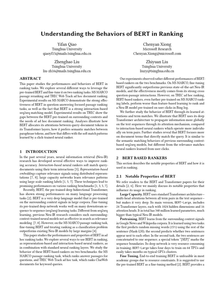 Understanding The Behaviors of BERT in Ranking | PDF | Information ...