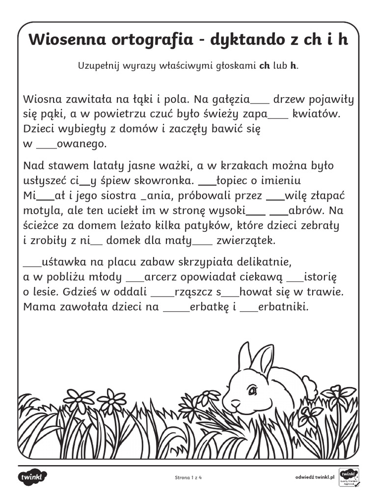 Wiosenna Ortografia - Dyktando Z CH I H: Uzupełnij Wyrazy Właściwymi Głoskami Lub | PDF