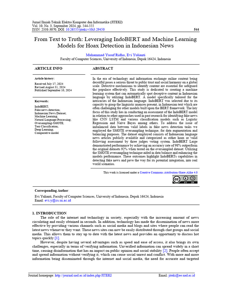 From Text To Truth: Leveraging Indobert and Machine Learning Models For ...
