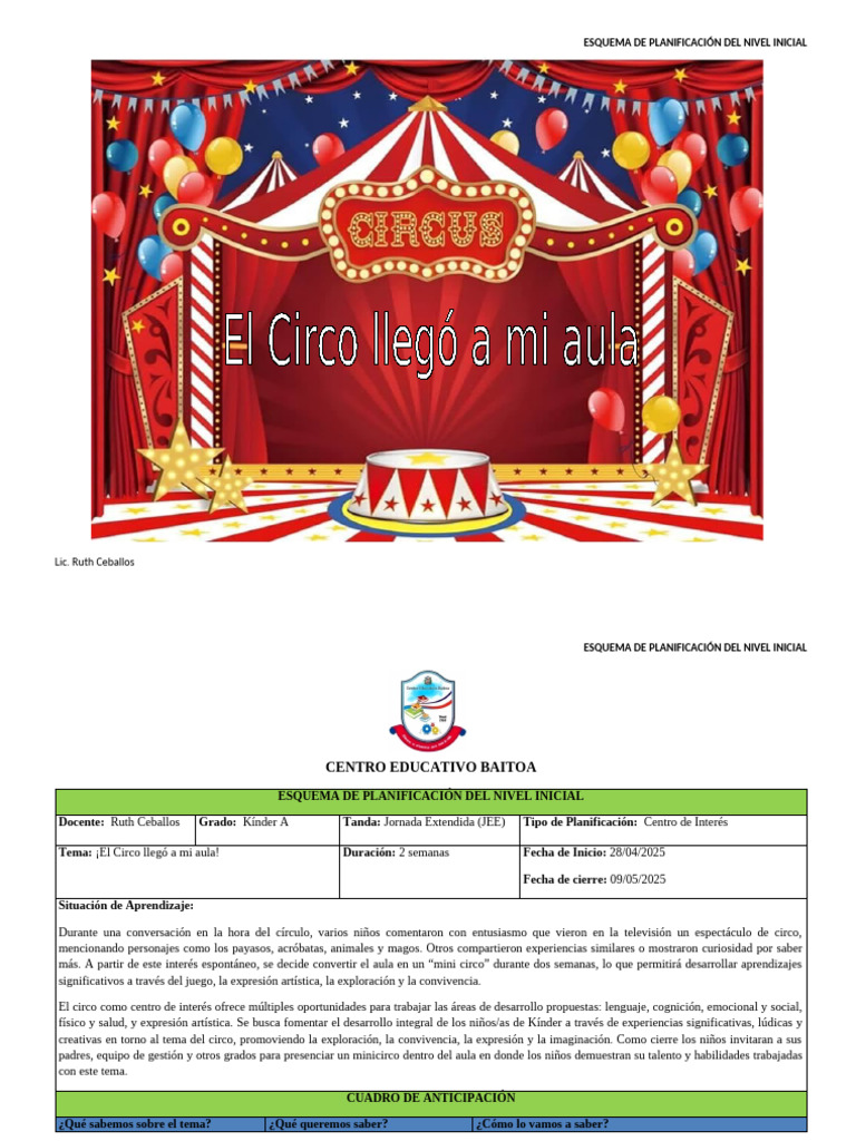 Planificación Kínder: El Circo en el Aula | PDF | Educación de la ...