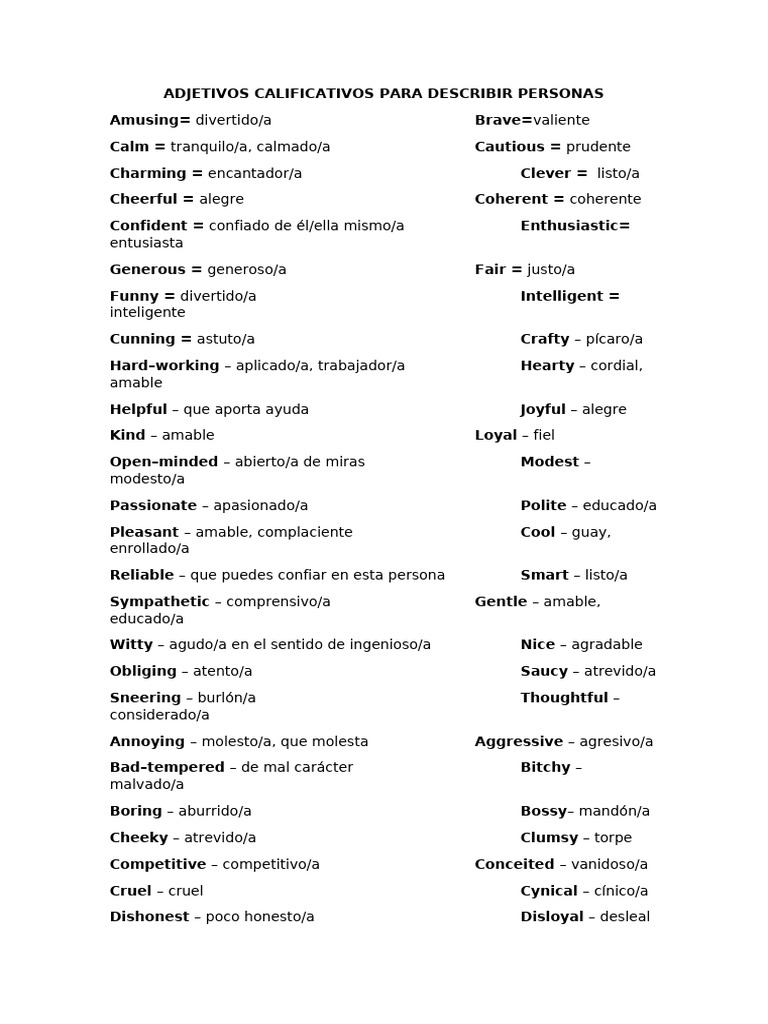 Adjetivos en inglés para describir personas | PDF | Anatomía humana ...