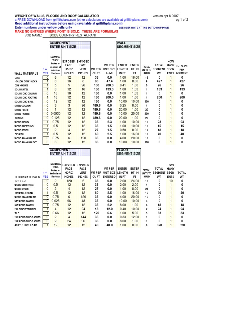 Excel Building Weight Calculator | PDF | Lumber | Roof