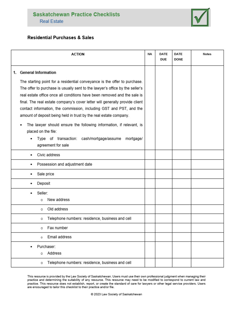 Saskatchewan Residential Real Estate Checklist | PDF | Mortgages ...
