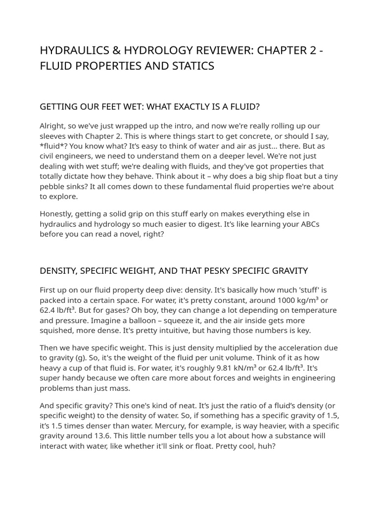 Hydraulics & Hydrology Chapter 2 Reviewer | PDF | Buoyancy | Pressure