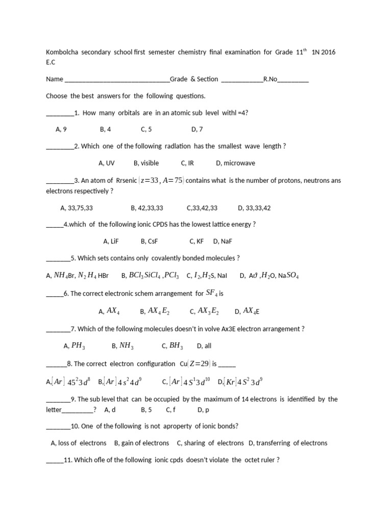 Chemistry Final Examination For Grade 11th 1N 2016 E | PDF | Ionic ...