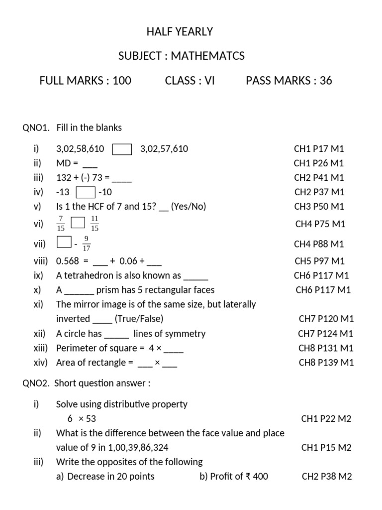 Class 6 Maths Half Yearly Exam 2025 | PDF | Elementary Mathematics ...