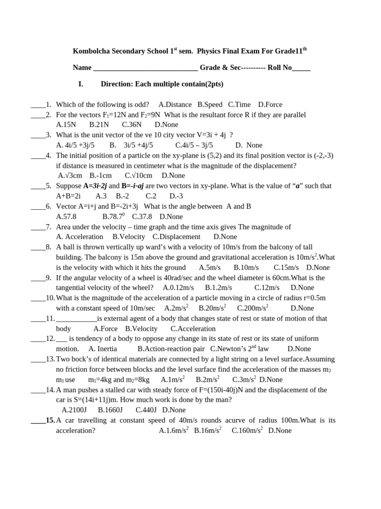 Physics Final Exam For Grade11th | PDF | Acceleration | Force