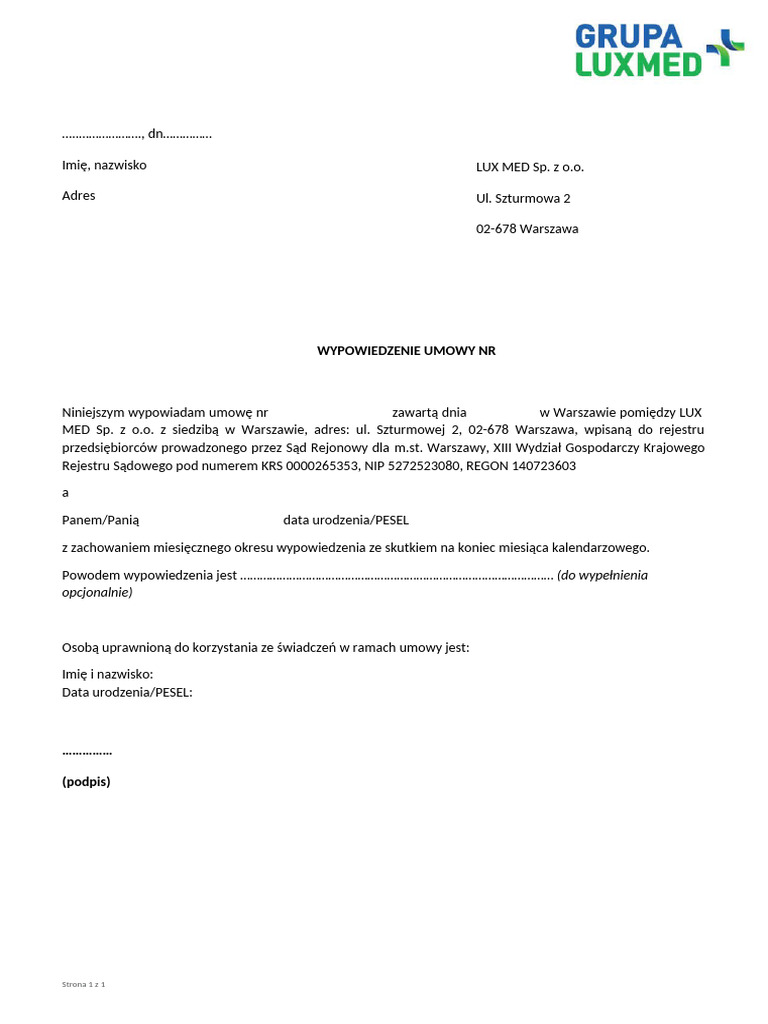 Wypowiedzenie Umowy | PDF