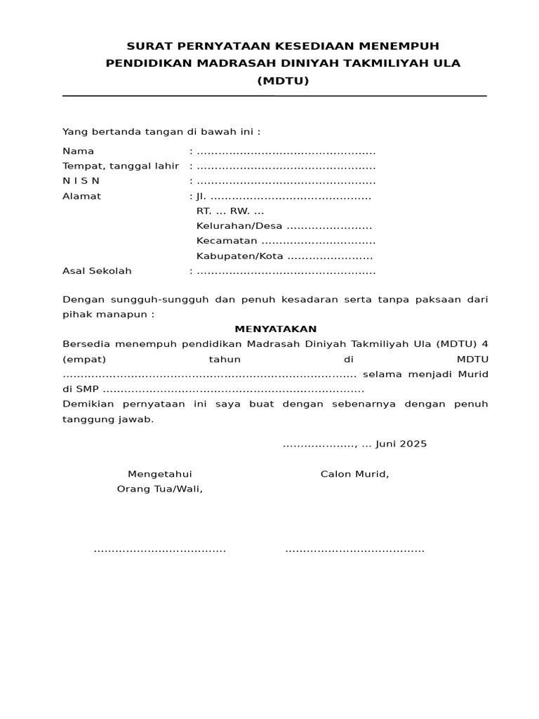 SURAT PERNYATAAN KESEDIAAN MENEMPUH MDTU | PDF