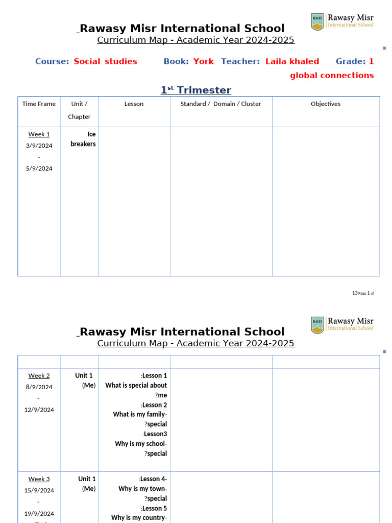 Grade 1 Social Studies Curriculum Map | PDF | Earth Sciences