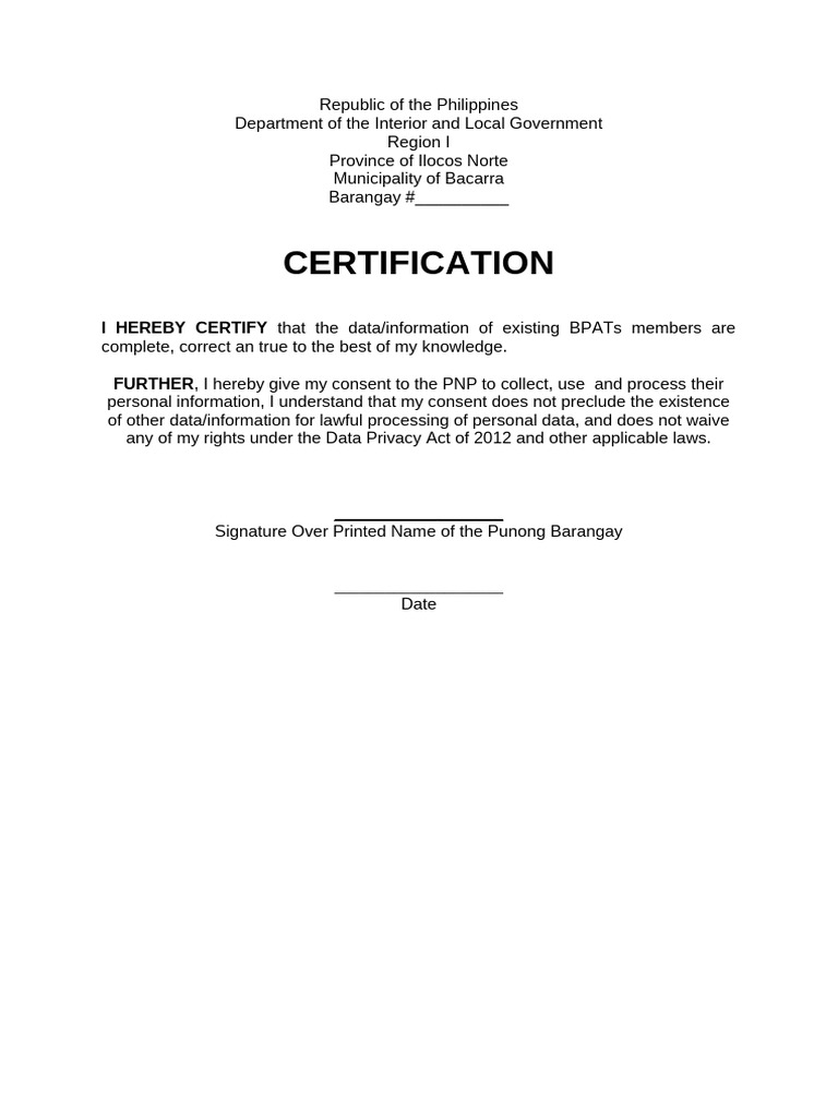 Certification Barangay Re BPATs Members Are Complete | PDF