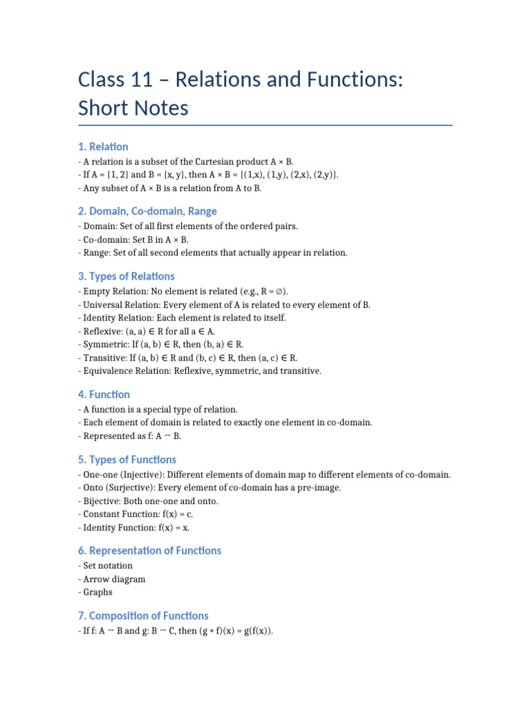 Class 11 Notes on Relations & Functions | PDF