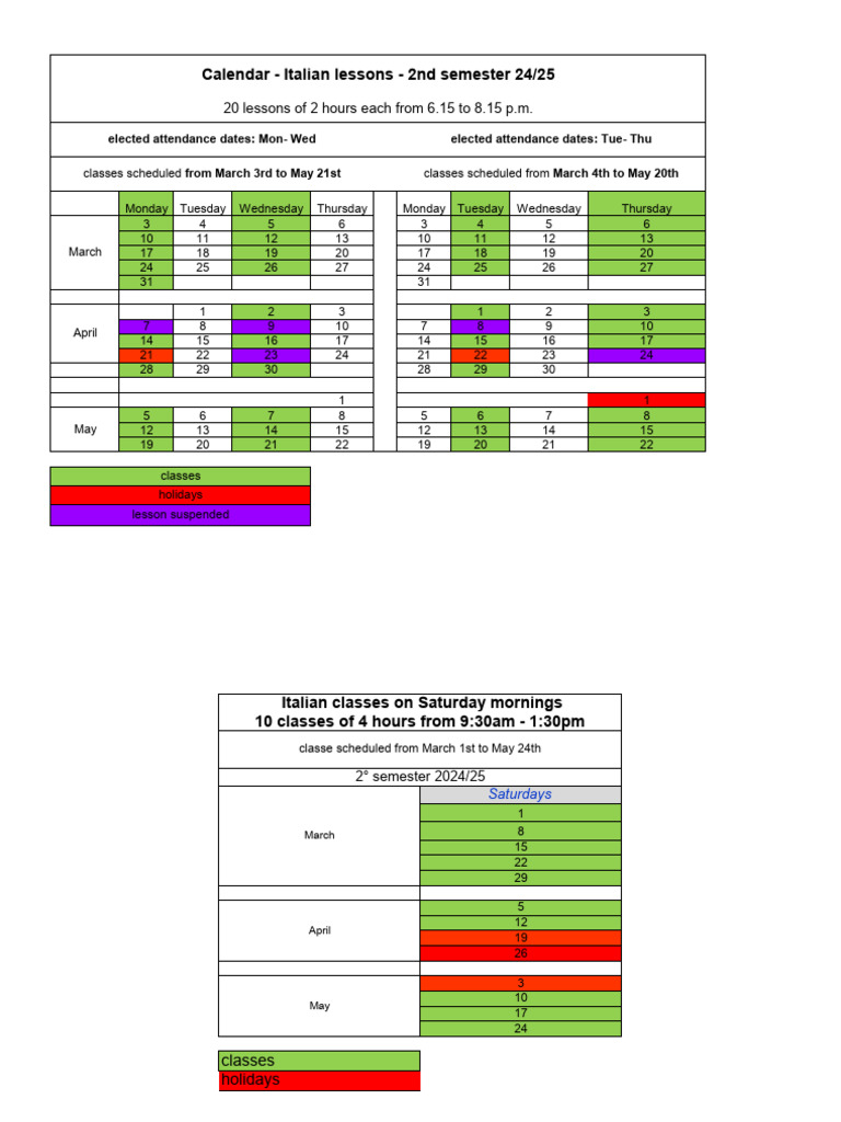 Italian Course 2 Semester 2024-25 Calendar | PDF | Academic Term