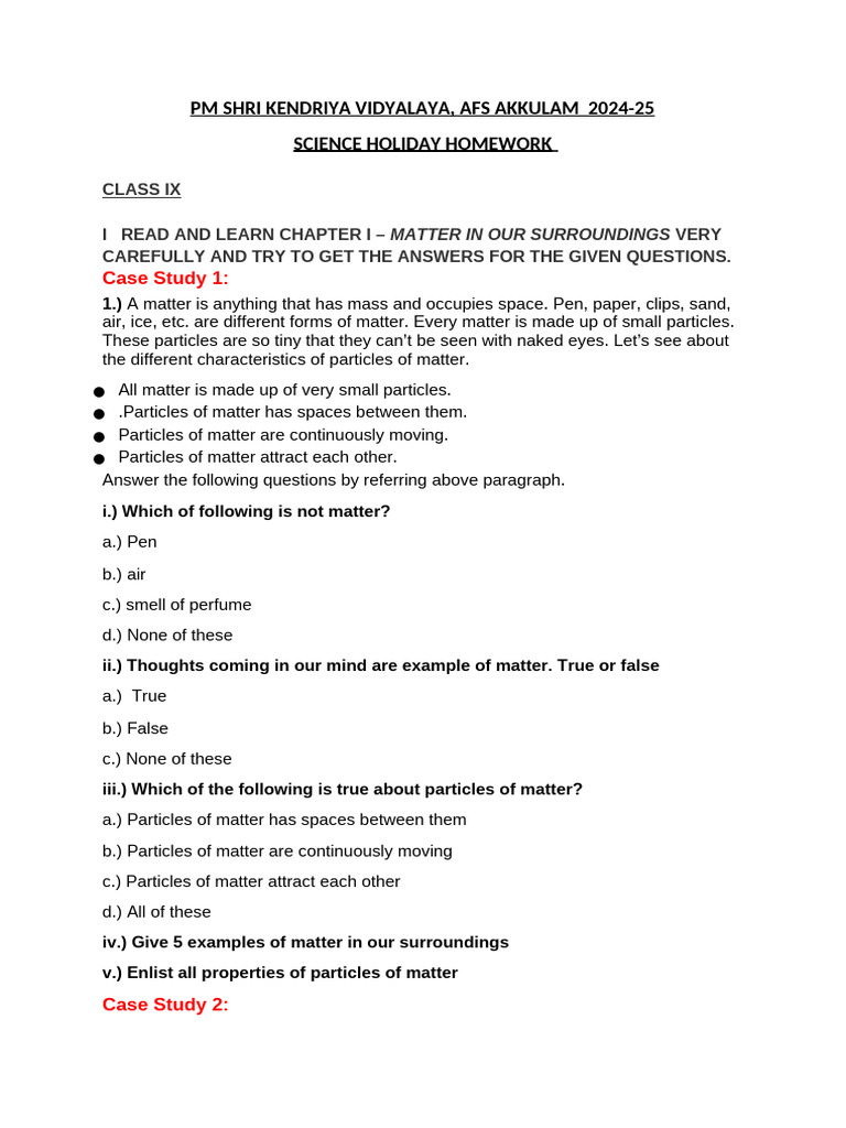 Class IX Science Holiday Homework 2024 | PDF | Gases | Matter