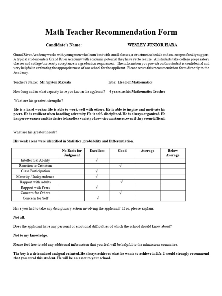Math Recommendation Form Wesley Hara | PDF | Behavioural Sciences | Behavior Modification