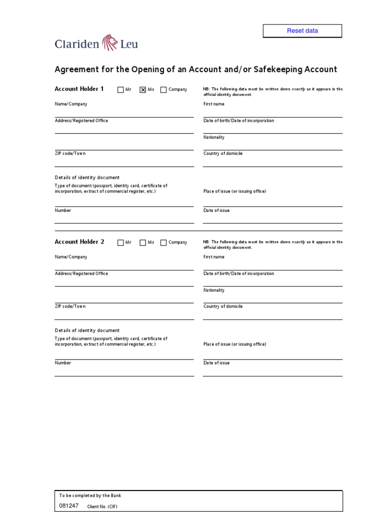 Agreement For The Opening of An Account And/or Safekeeping Account ...